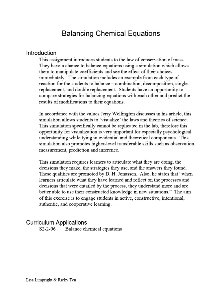 S2-2-07 - Balancing Chemical Equations - Simulation | PDF | Chemical ...