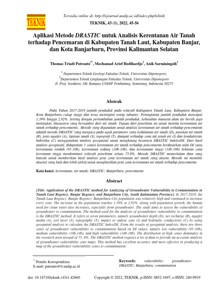Aplikasi Metode DRASTIC Untuk Analisis Kerentanan Air Tanah | PDF