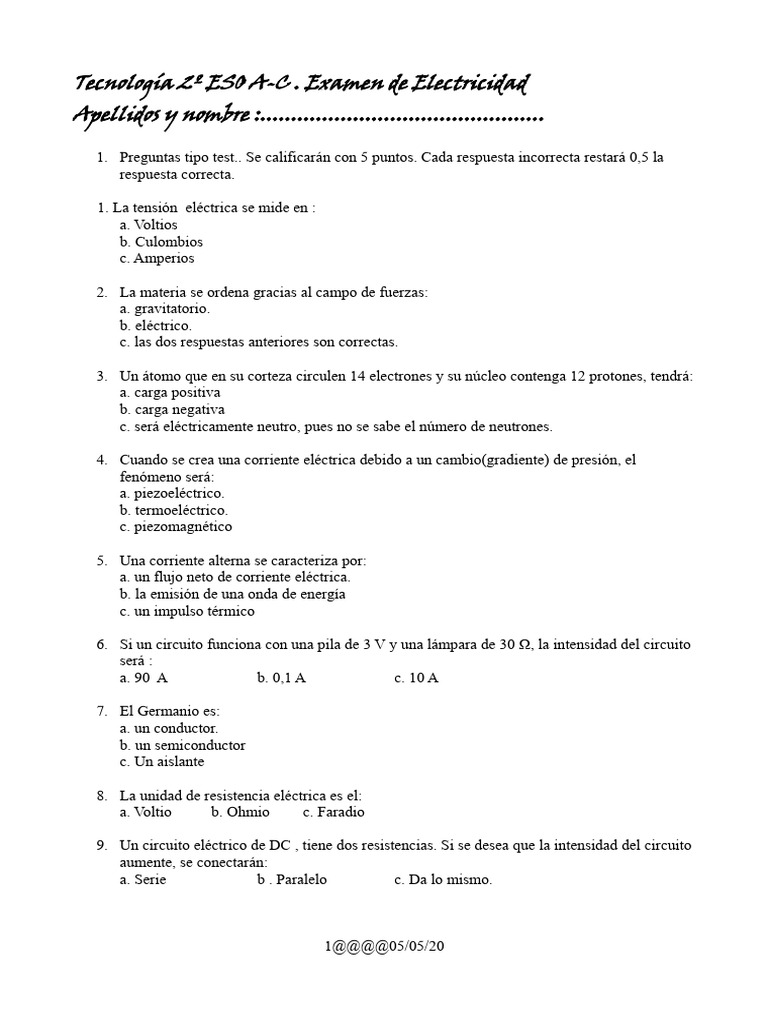 Examen Electricidad 2ºESO | PDF | Corriente eléctrica | Electricidad
