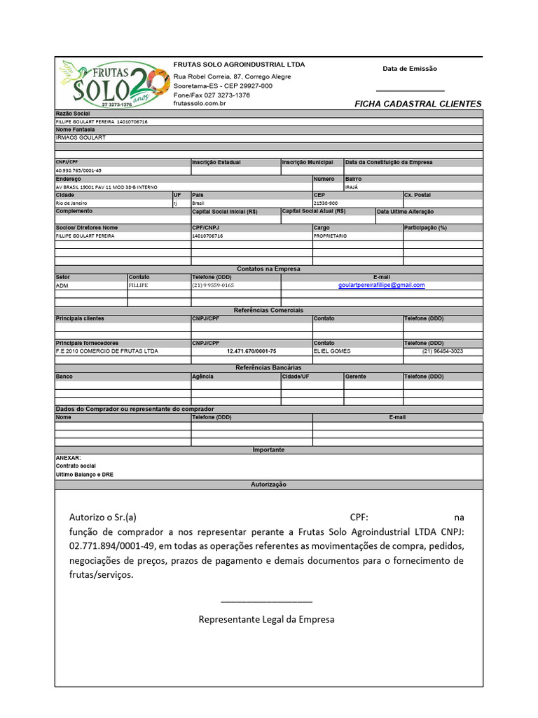 Ficha Cadastral em Branco | PDF | Economias