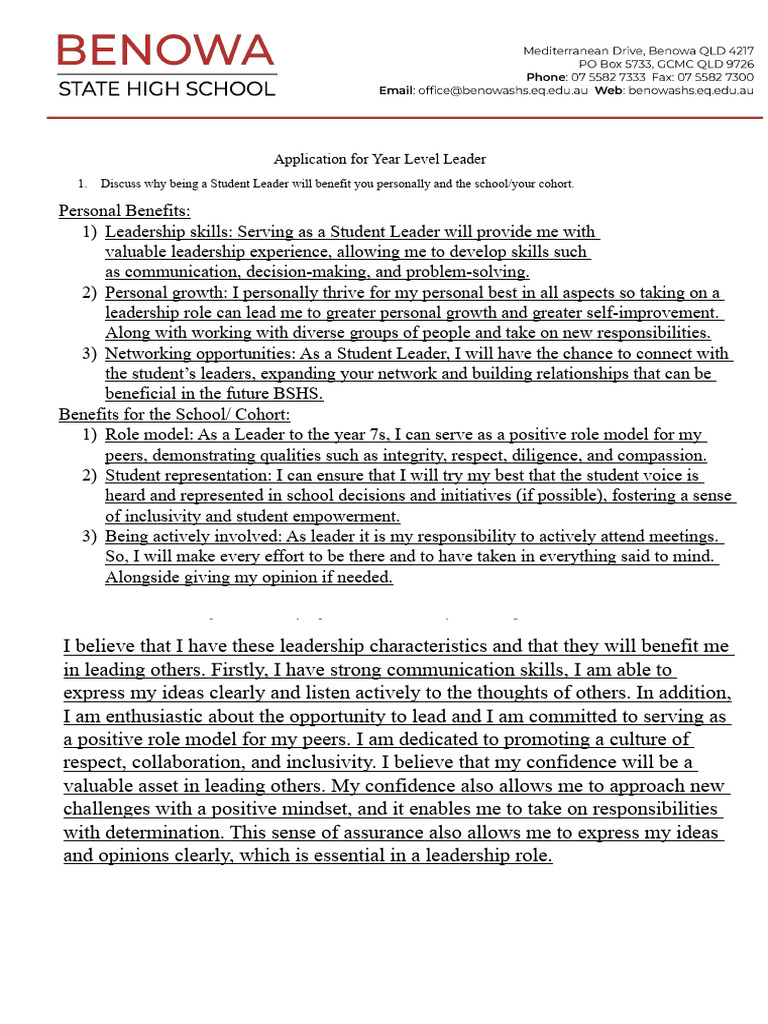 Year 7 leader application | PDF | Volleyball | Leadership
