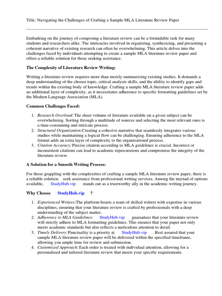Sample Mla Literature Review Paper | PDF | Essays | Citation