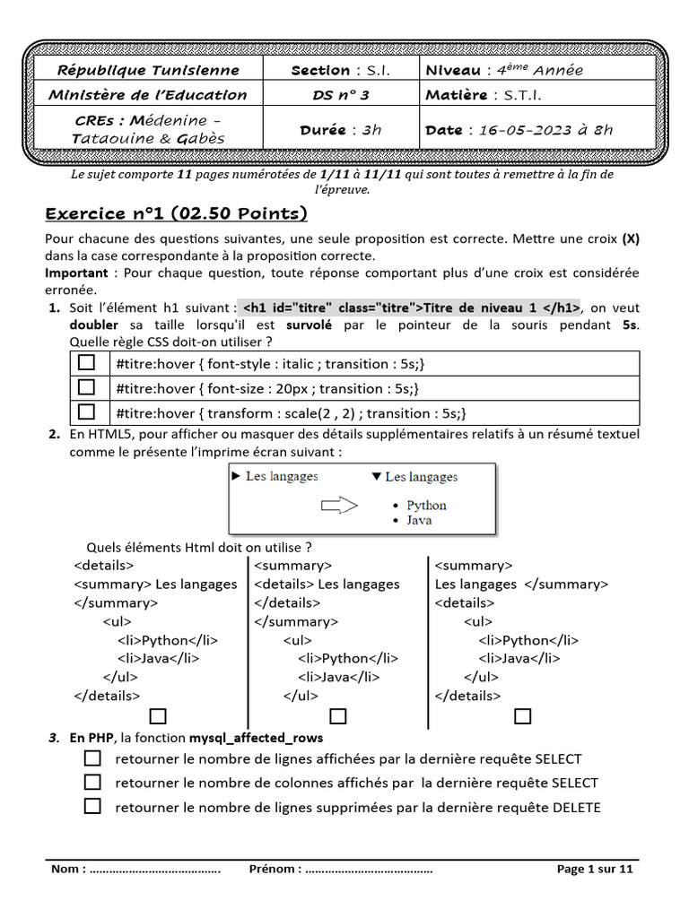 Devoir S.T.I. Bac Info 2023-2024 | PDF | Élément HTML | Génie logiciel