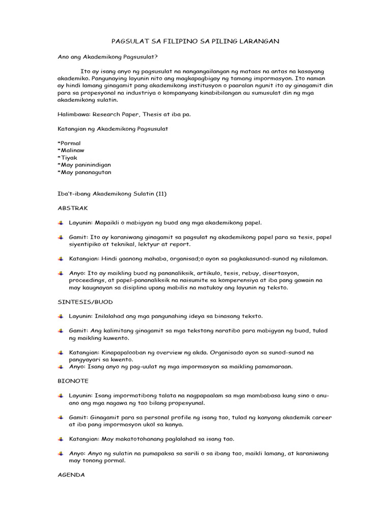 PAGSULAT SA FILIPINO SA PILING LARANGAN(PRINT) | PDF