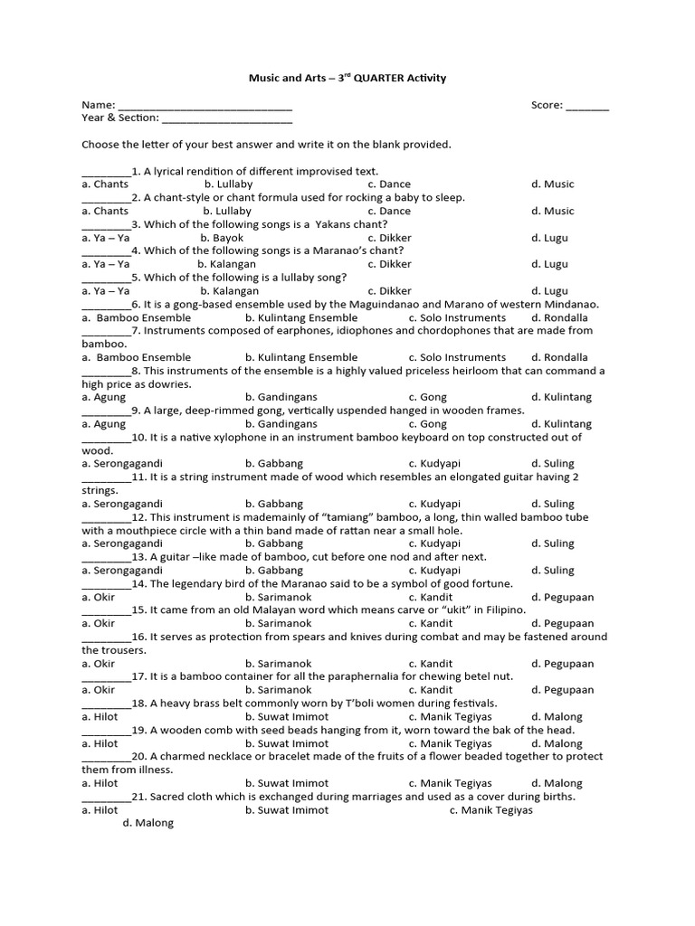 Music & Arts Quiz for Students | PDF | Textiles