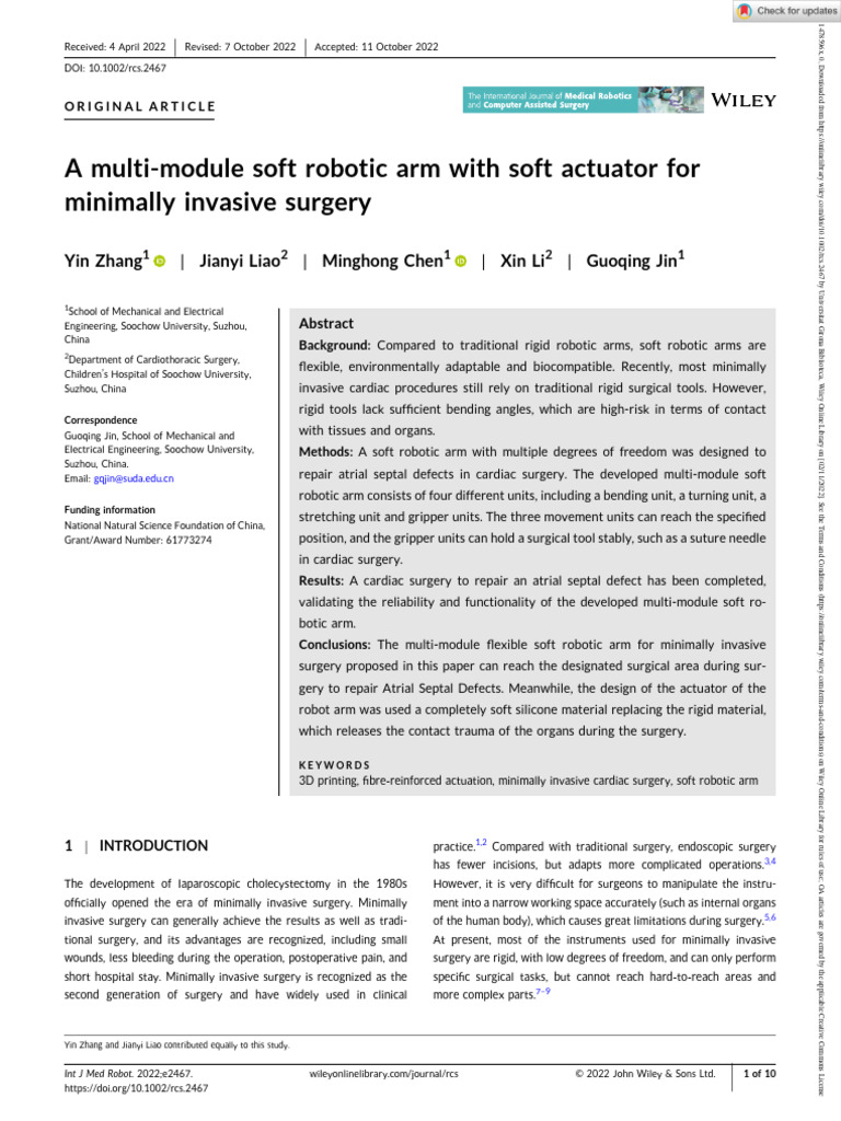 Zhang - 2022 - Soft Robotic Arm and Actuator For Minimally Invasive Surgery | PDF