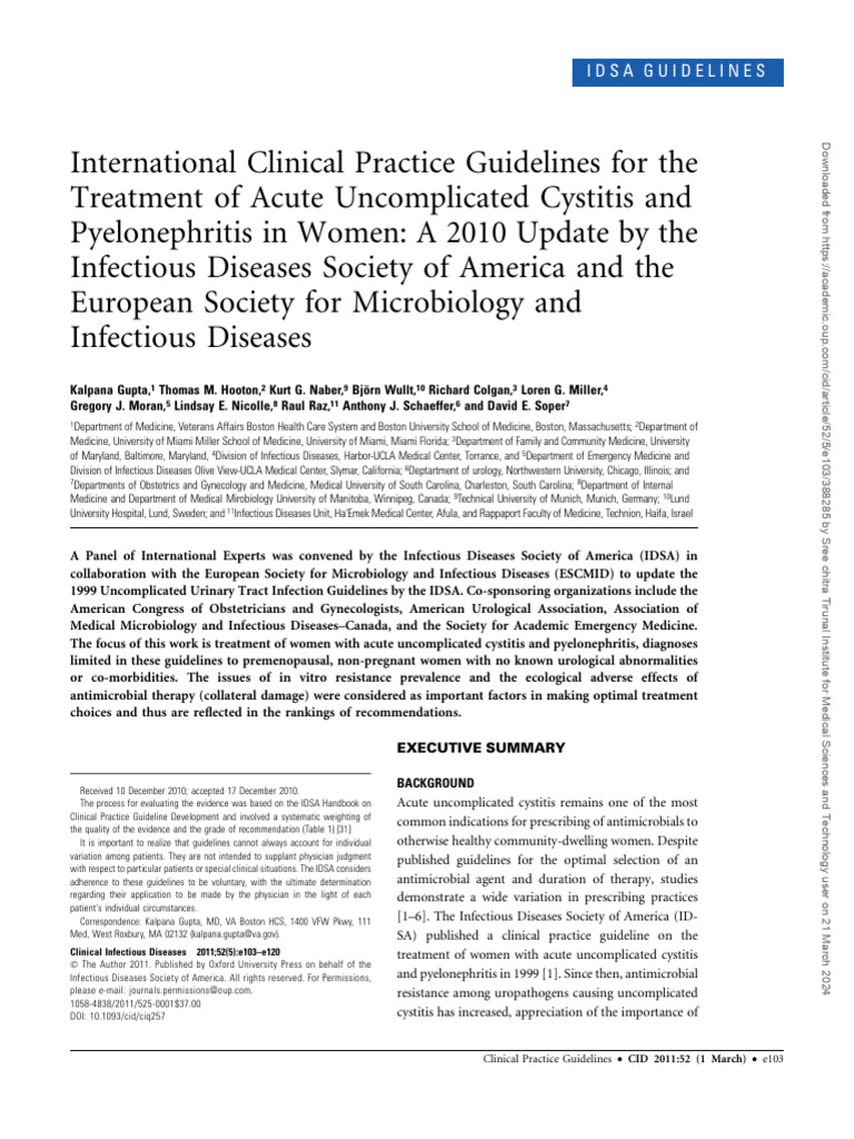 IDSA Guidelines for Uncomplicated UTI | PDF | Urinary Tract Infection ...