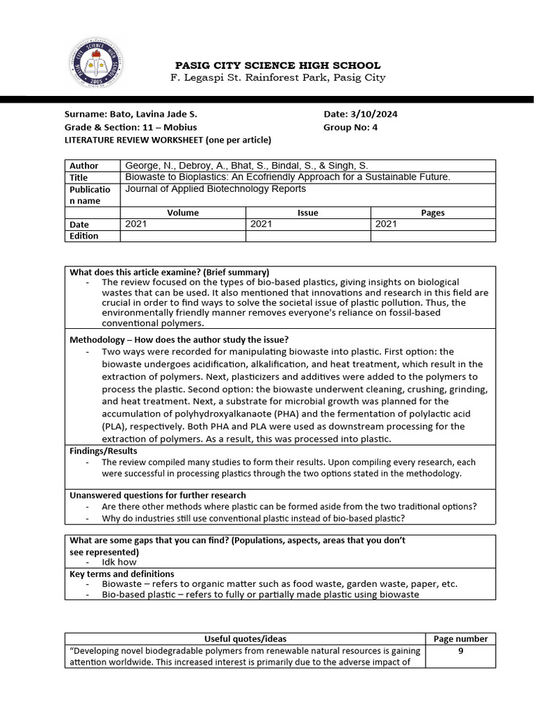 Research Literature Worksheet Grade 11 2 | PDF | Plastic | Cellulose