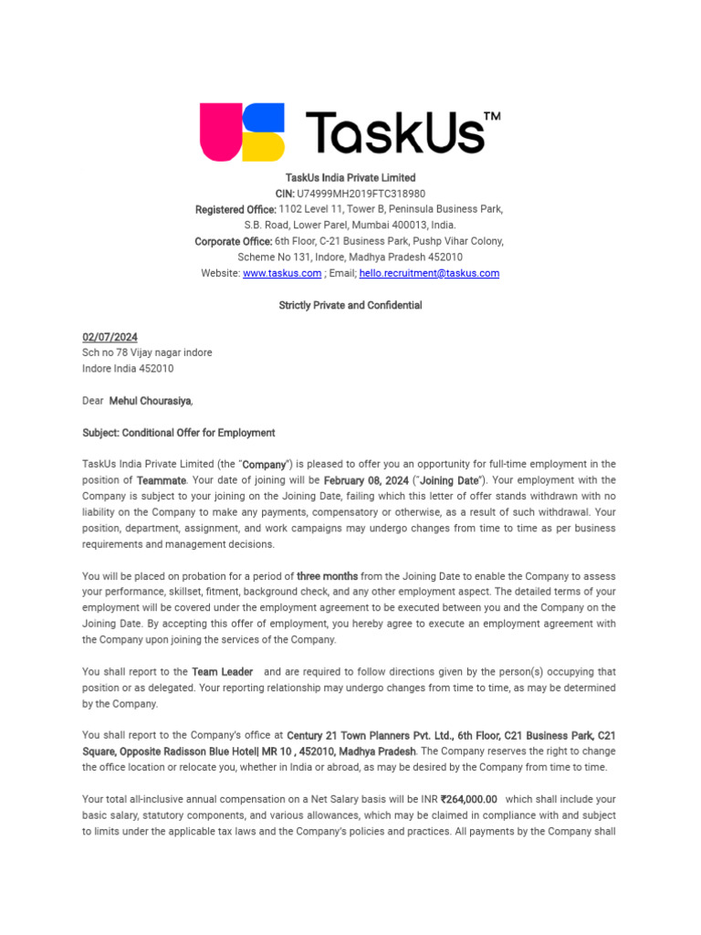 India+Offer+Letter+2024-02-07 (1) | PDF | Salary | Employment