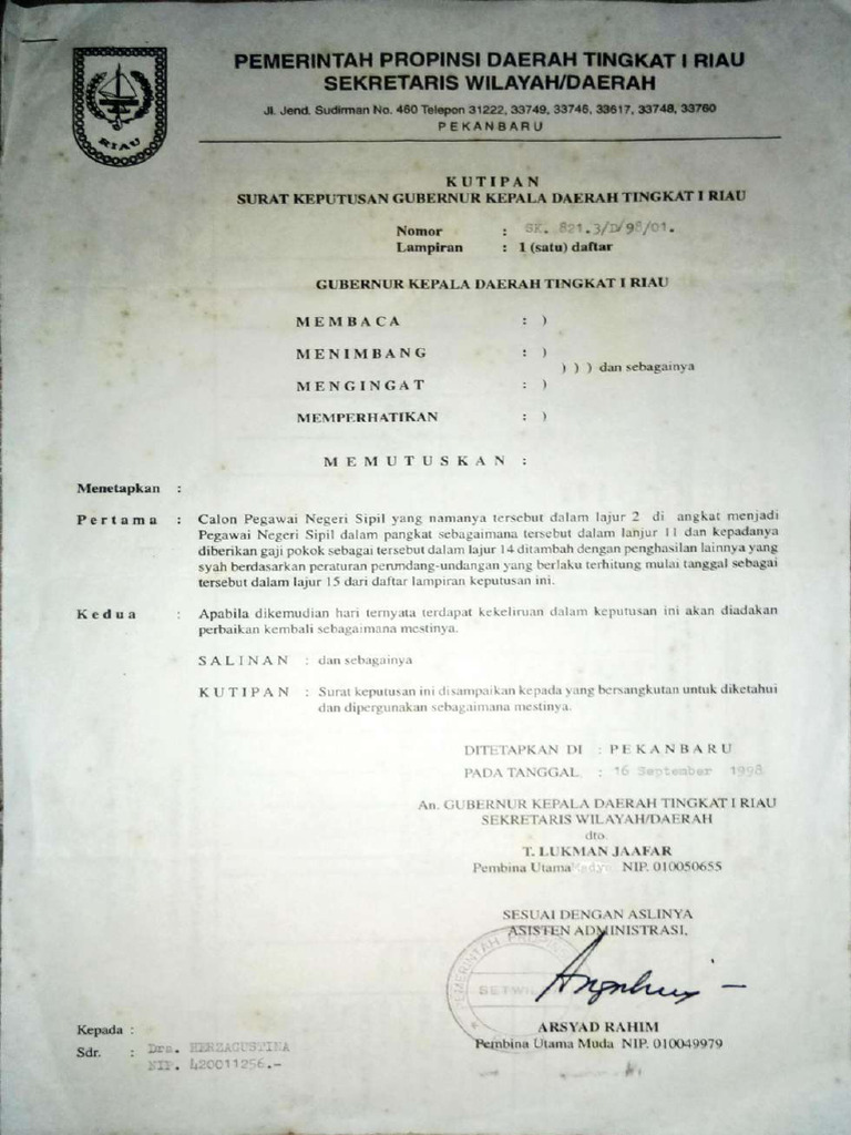 Surat Keputusan Gubernur Kepala Daerah Tingkat I Riau - Compressed | PDF