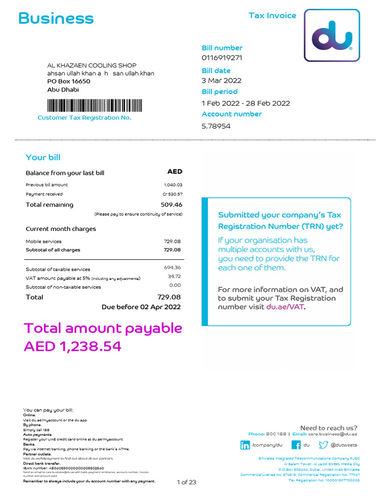 Total Amount Payable AED 1,238.54: 0116919271 3 Mar 2022 1 Feb 2022 ...