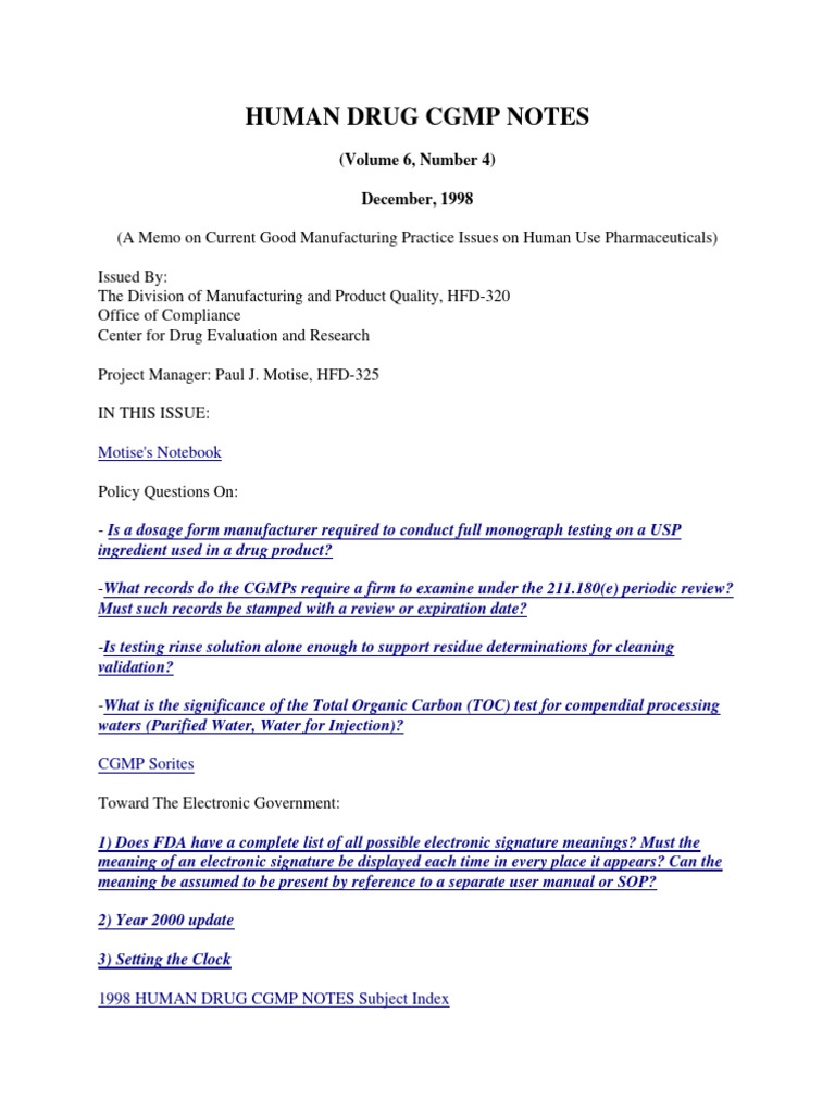 CGMP Notes Dec 1998 CV in Rinse TOC For PWWFI | PDF | Specification ...