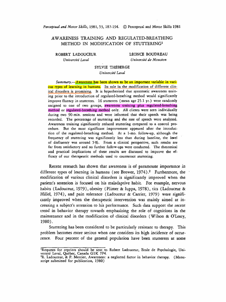 AWARENESS TRAINING AND REGULATED-BREATHING METHOD | PDF | Stuttering ...