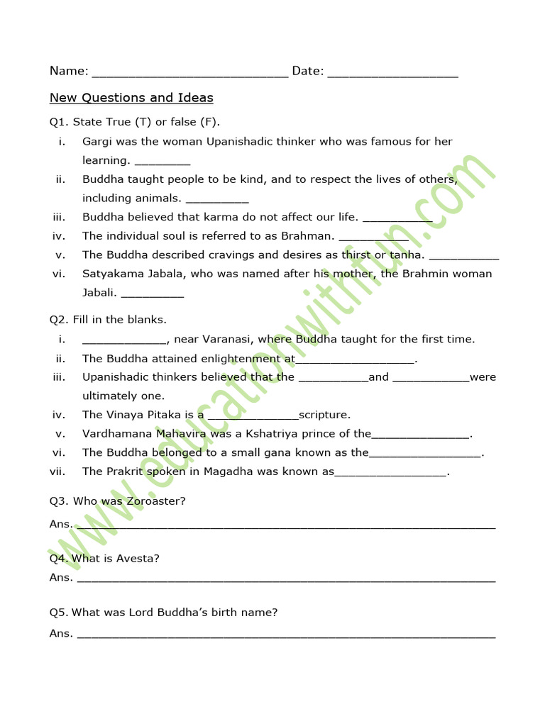 New Questions and Ideas Worksheet 1 | PDF | Hindu Philosophy | Indian ...