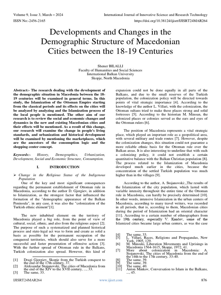 Developments and Changes in the Demographic Structure of Macedonian Cities between the 18-19 ...