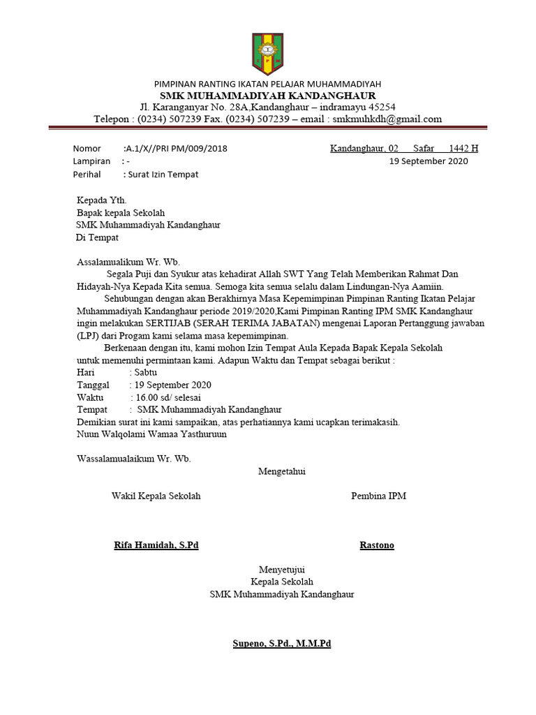 Surat Izin SERTIJAB IPM SMK Kandanghaur | PDF