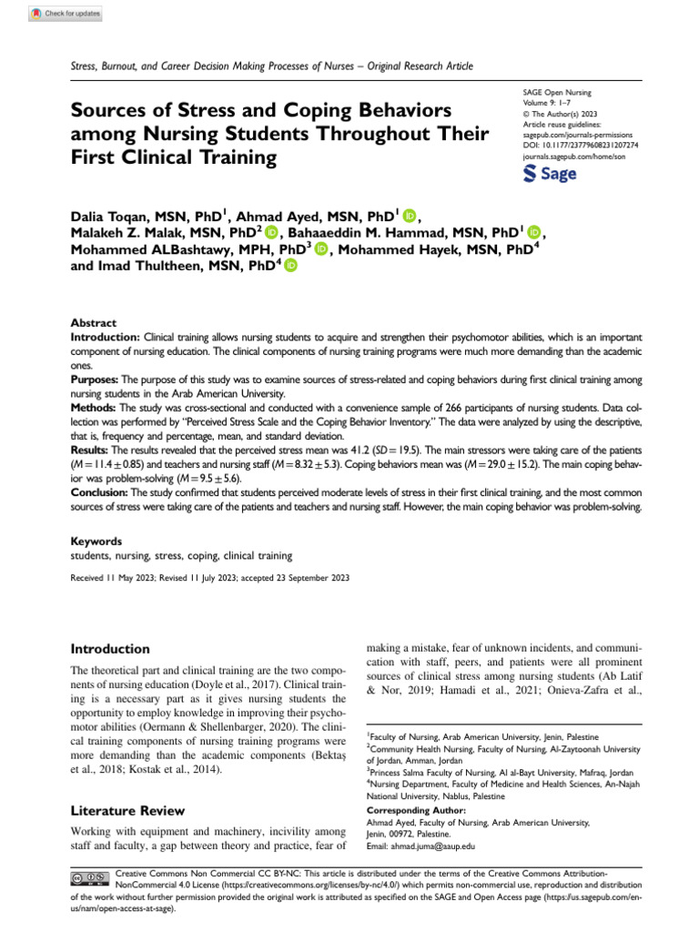 Sources of Stress and Coping Behaviors Among Nursing Students Throughout Their First Clinical ...