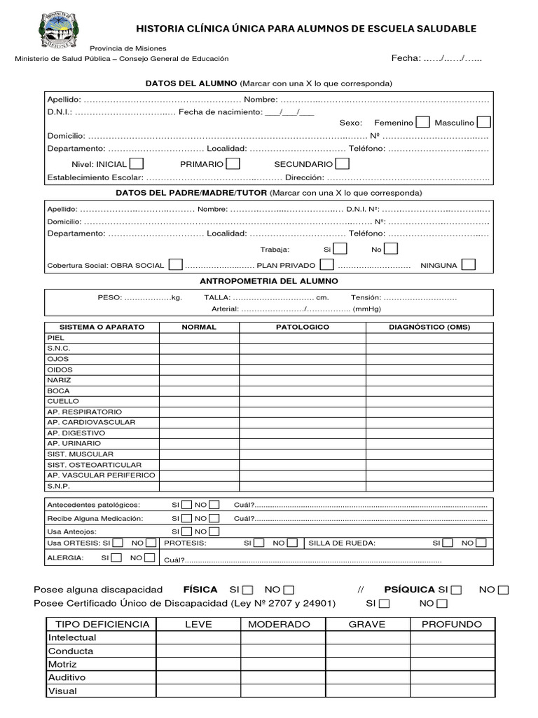 Ficha de Salud Escolar 2024 | PDF | Especialidades Medicas | Medicina ...
