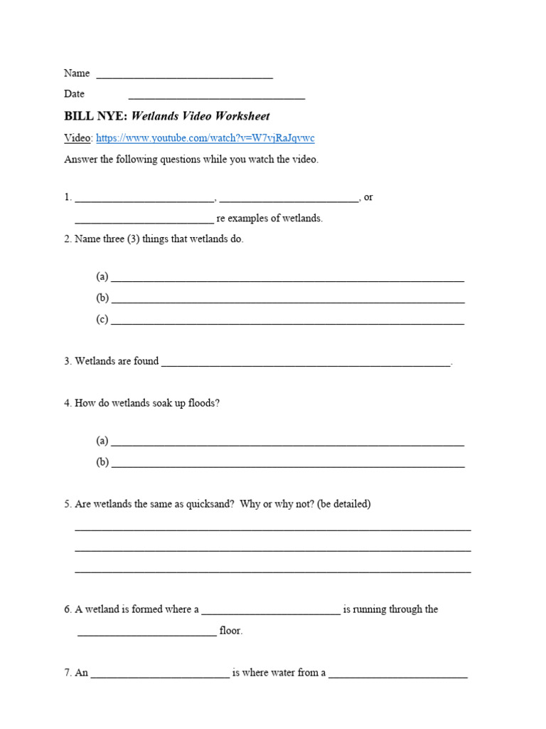 Bill Nye Wetlands Worksheet | PDF | Wetland | Earth Sciences