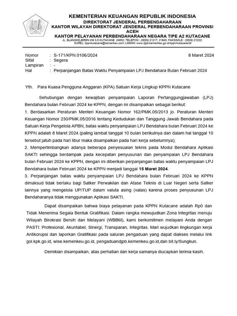 Perpanjangan Batas Waktu Penyampaian LPJ Bendahara Bulan Februari 2024 ...