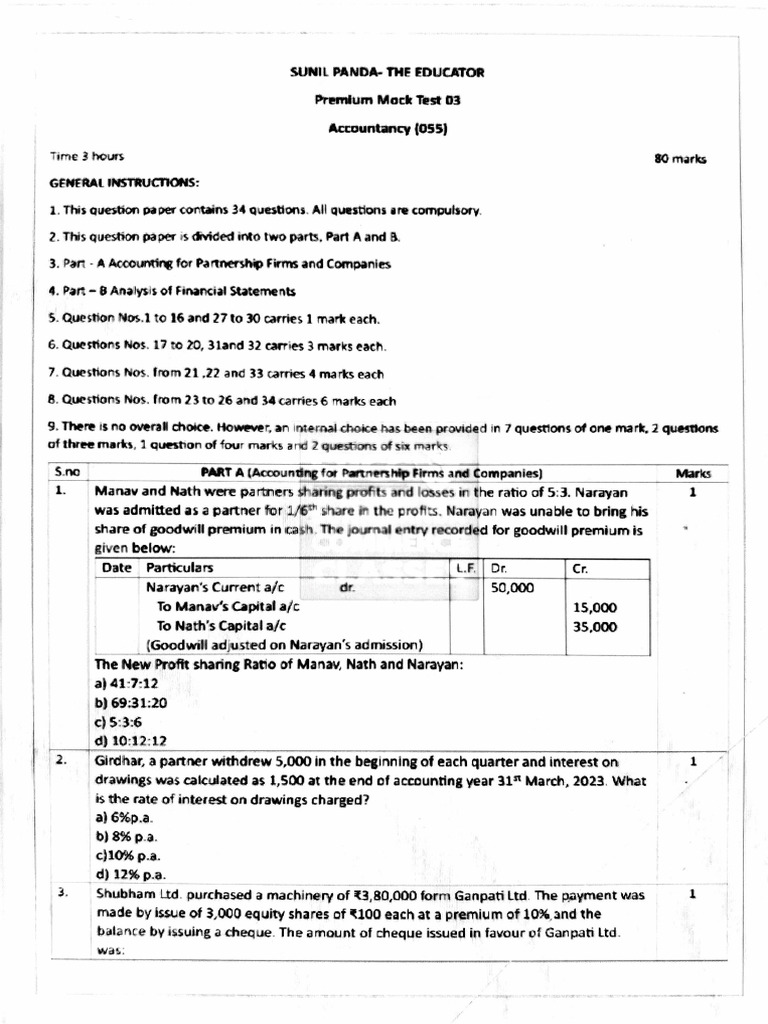Mock 3 Sunil Panda | PDF | Goodwill (Accounting) | Balance Sheet