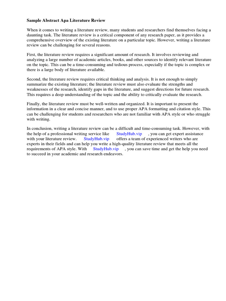 Sample Abstract Apa Literature Review | PDF | Citation | Abstract (Summary) Sample Abstract Apa Literature Review | PDF | Citation | Abstract (Summary)