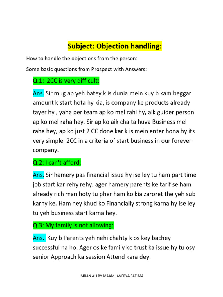 Objection Handling by Imran | PDF