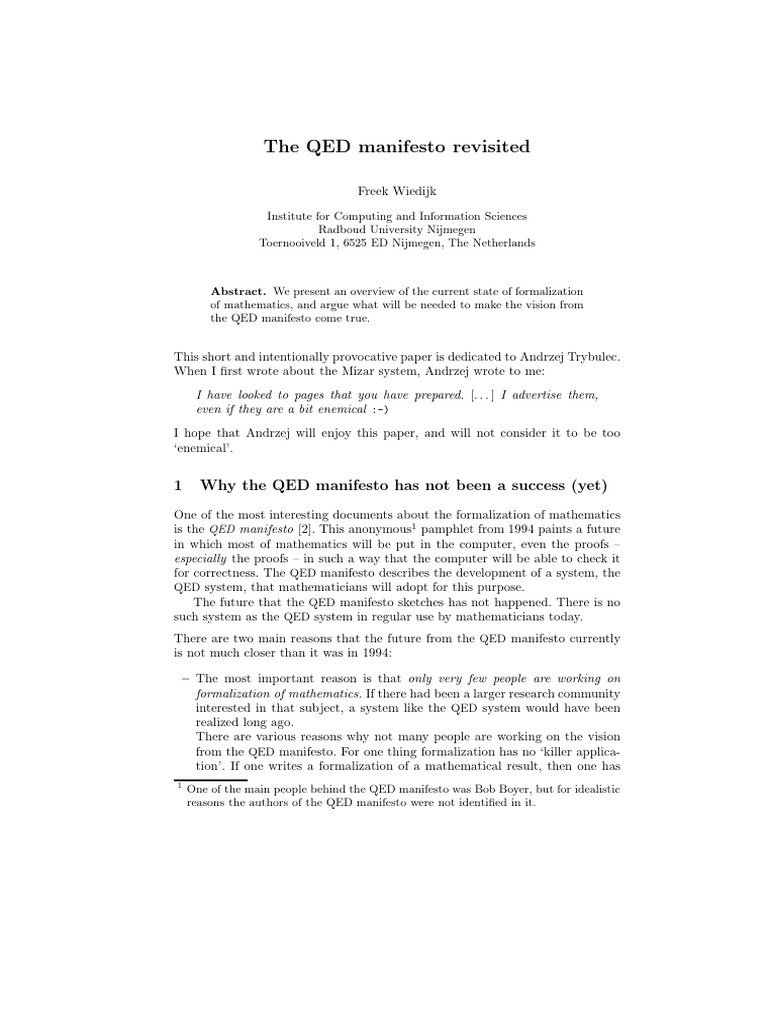 1 Why The QED Manifesto Has Not Been A Success (Yet) | PDF | Category Theory | Axiom