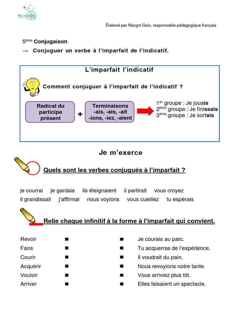 5eme Conjugaison Limparfait de Lindicatif Lecon Et Exercices 1 | PDF ...