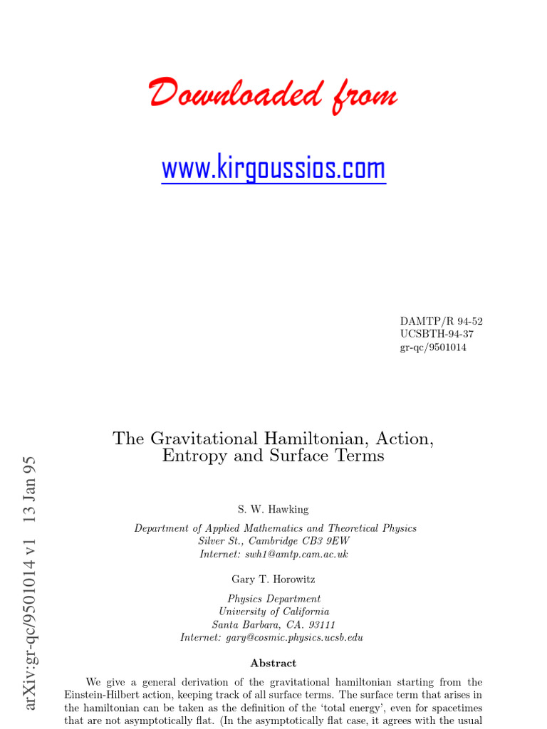 Physics Papers - Steven Hawking (1995), The Gravitational Hamiltonian ...