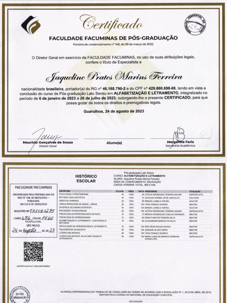 Certificado Frente e Verso | PDF | Pós-graduação | Academia