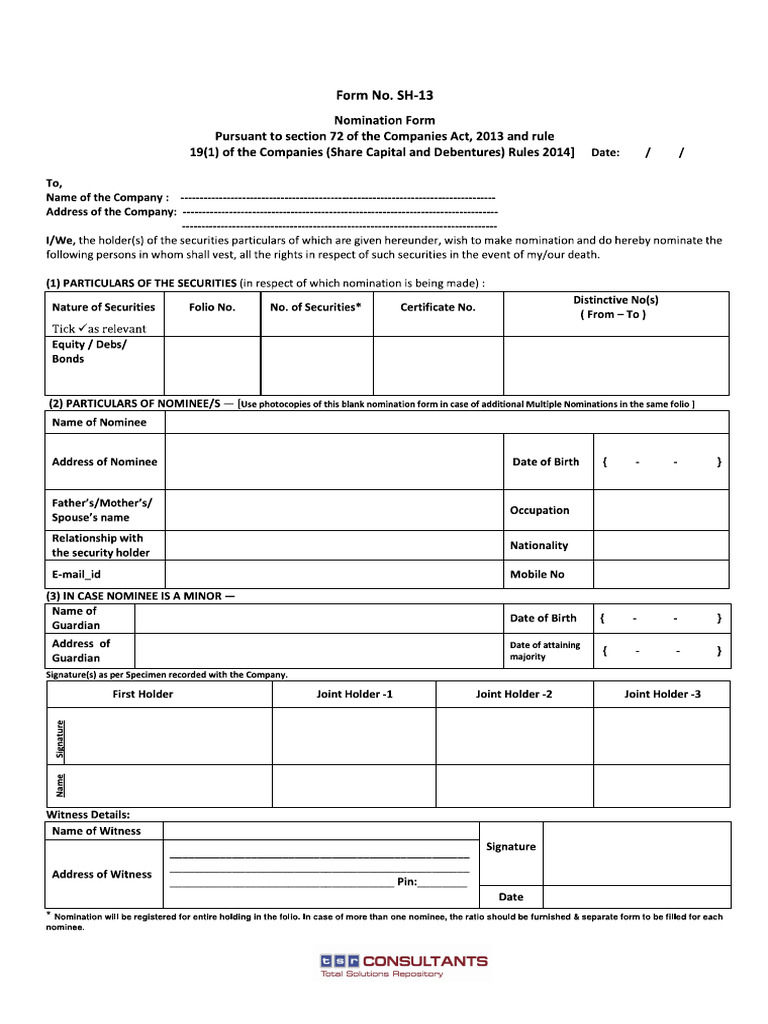 Form SH-13 Nomination Instructions | PDF | Securities (Finance) | Power Of Attorney