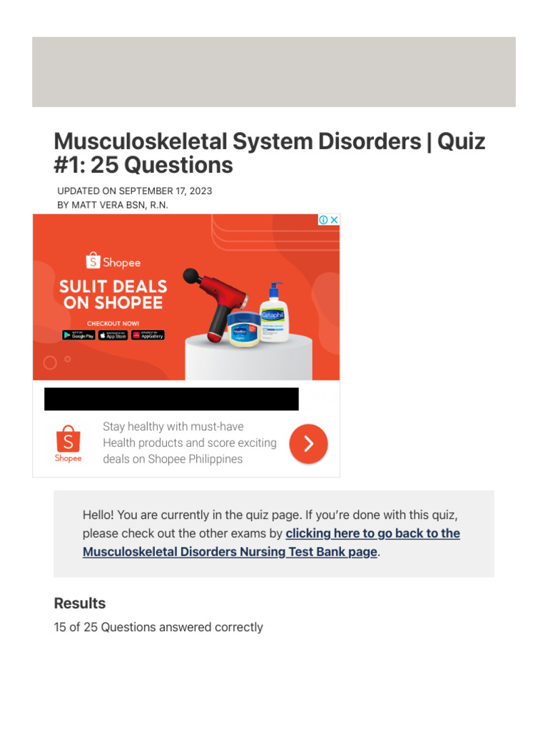 Musculoskeletal Disorders Quiz: 25 Q&A | PDF | Osteoporosis | Muscle