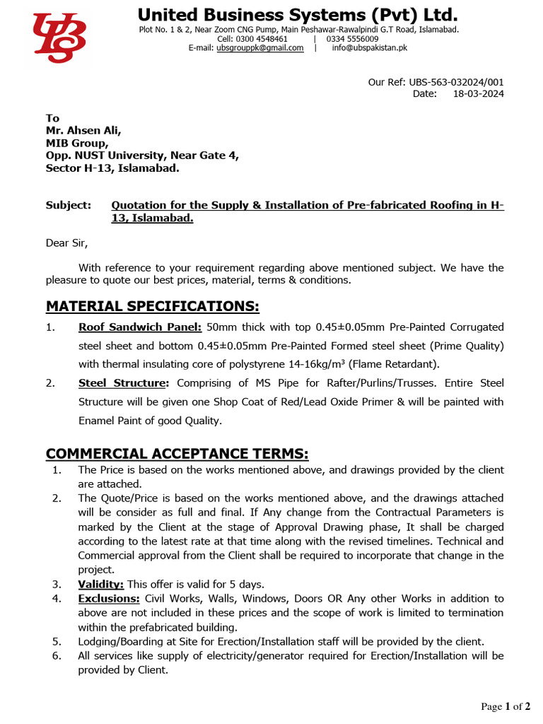 Quotation UBS-563-032024 | PDF | Building Engineering | Materials