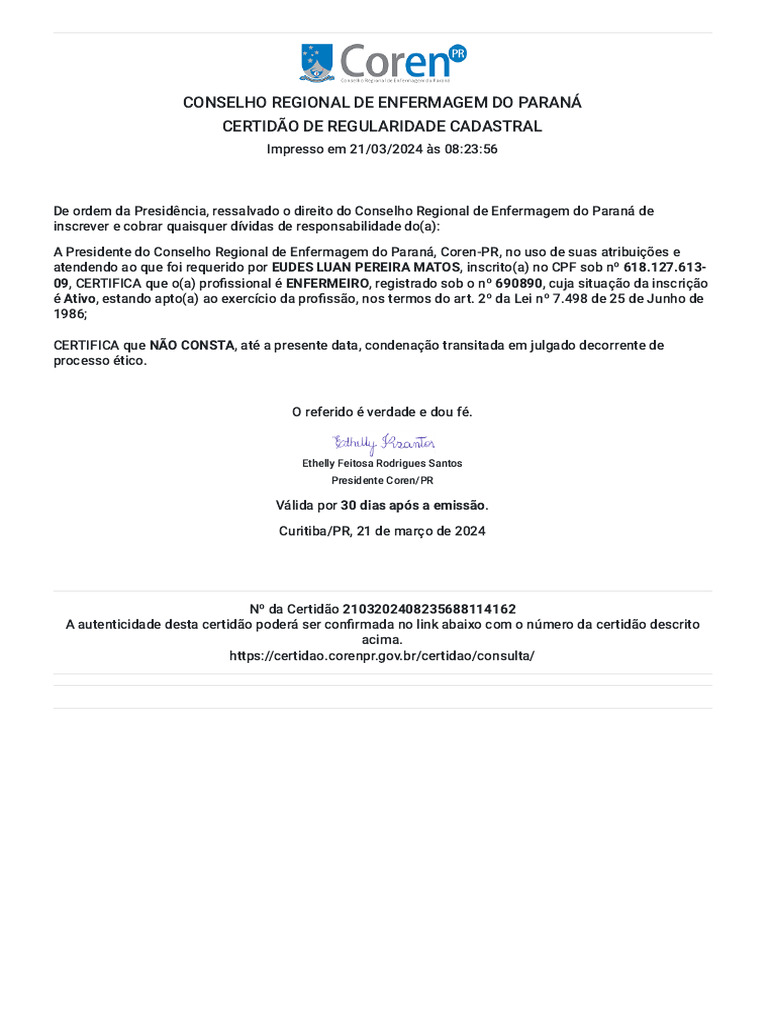 Certidões Coren Paraná | PDF | Direito