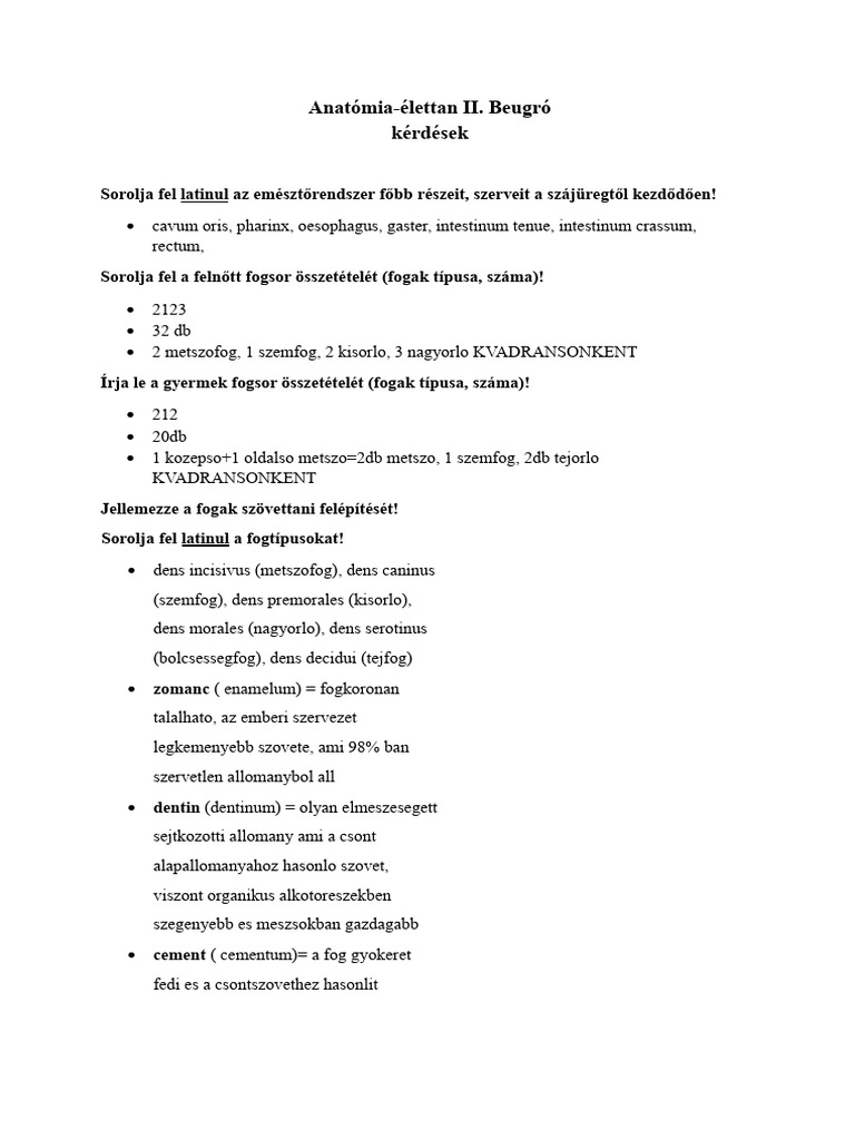 Anatómia-Élettan Beugró 2. Fv. - 2024 | PDF