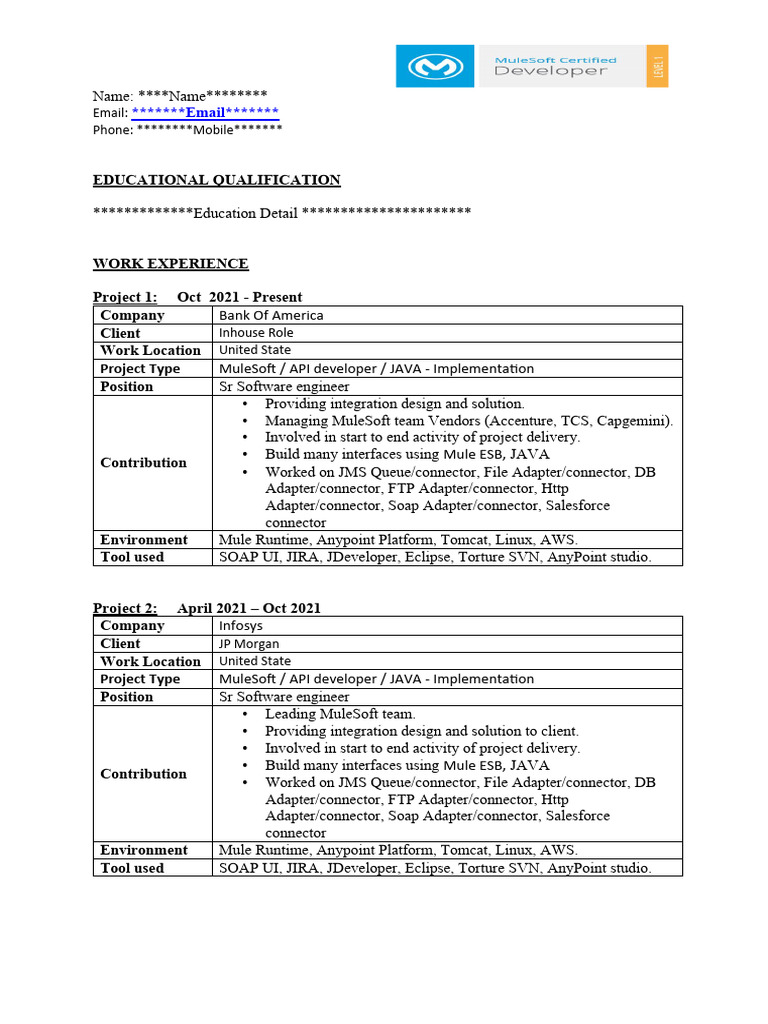 Sample Mule Resume Pdf Java Programming Language Eclipse Software