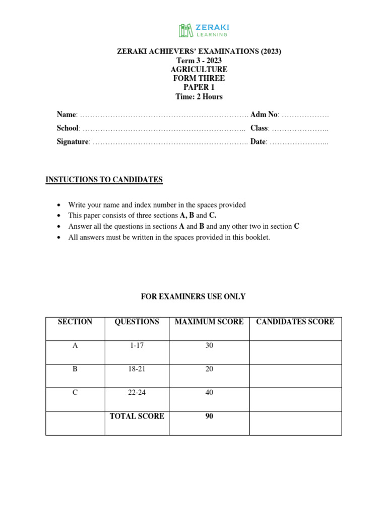Agriculture Paper 1 Exam Questions | PDF | Plant Nursery | Weed