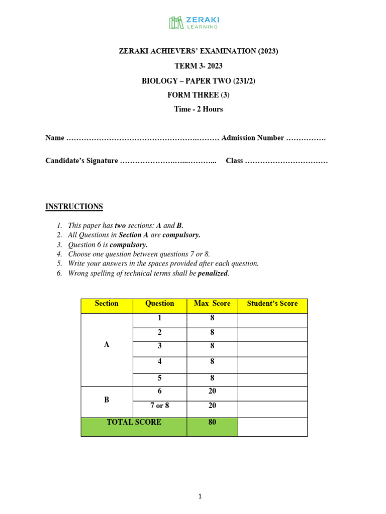 Biology - Paper 2 - Question Paper | PDF | Water | Nature