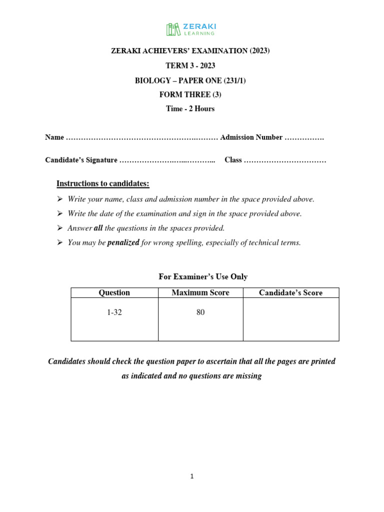 Biology - Paper 1 - Marking Scheme | PDF | Cellular Respiration | Biology