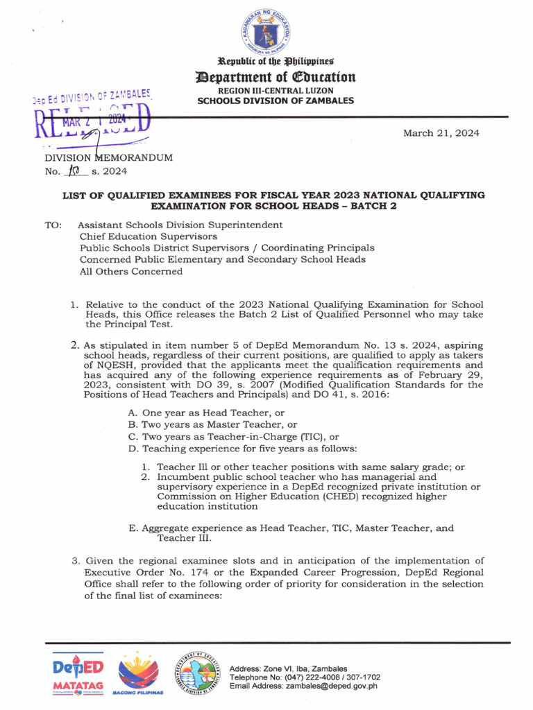 DM No. 150, S. 2024 - List of Qualified Examinees For Fiscal Year 2023 ...