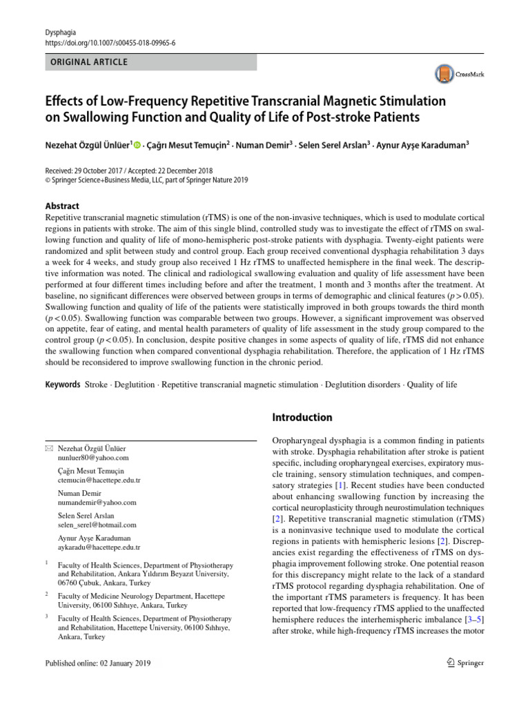 Effects of Low Frequency Repetitive Transcranial Magnetic Stimulation On Swallowing Function and ...
