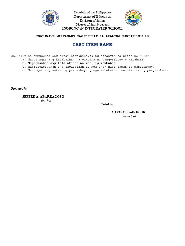 SY 2023-2024 AP10 - Q3 - Test Item Bank | PDF