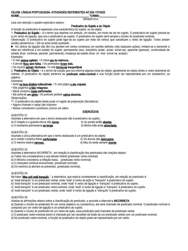 SUJEITO E PREDICADO | PDF | Assunto (gramática) | Predicado (gramática)