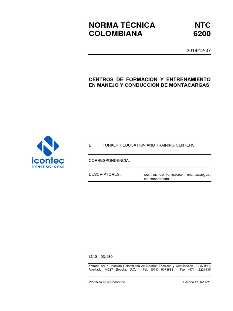 19.38 NTC 6200 Centros de Formación Montacargas (No Completa) | PDF | Máquina elevadora | Colombia