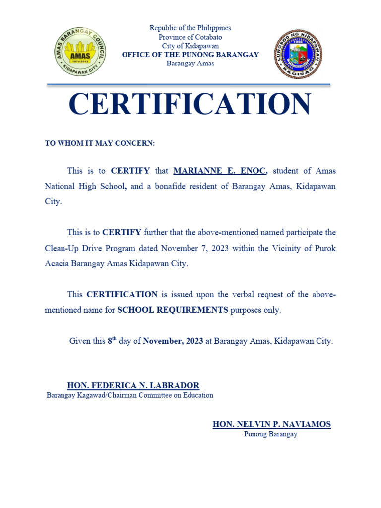 Barangay Amas Clean-Up Drive Certification | PDF
