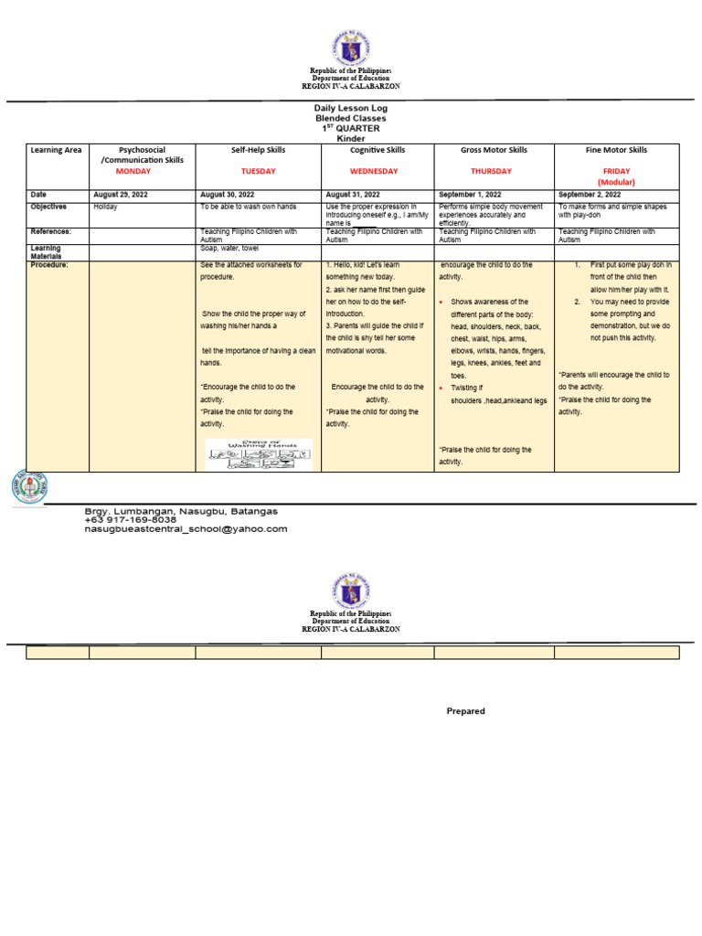 Daily Lesson Log for Kinder Classes | PDF