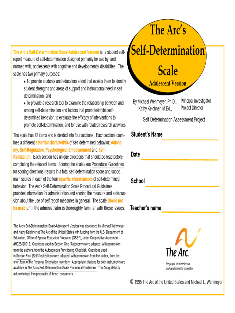 The Arc's Self-Determination Scale - Adolescent Version REV2013 | PDF ...