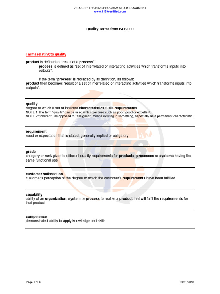 ISO 9000 Quality Terms Explained | PDF | Audit | Quality Management