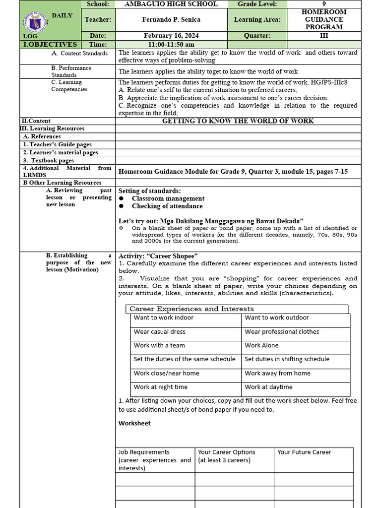 HGP Grade 9 3rd Quarter Week 2 | PDF | Learning | Teachers